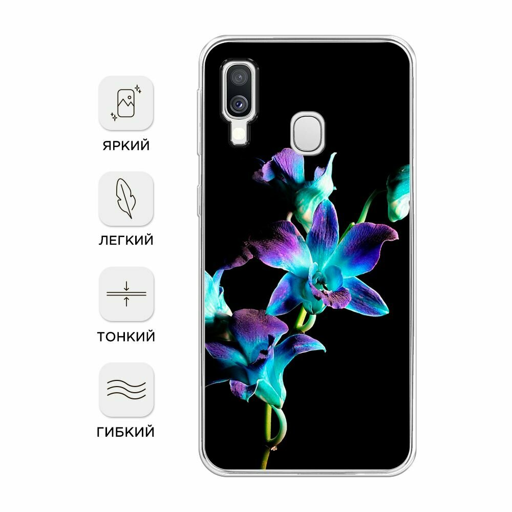 Чехол на Samsung Galaxy A40 / Самсунг Галакси А40 с принтом "Синий цветок на черном" — фото 1
