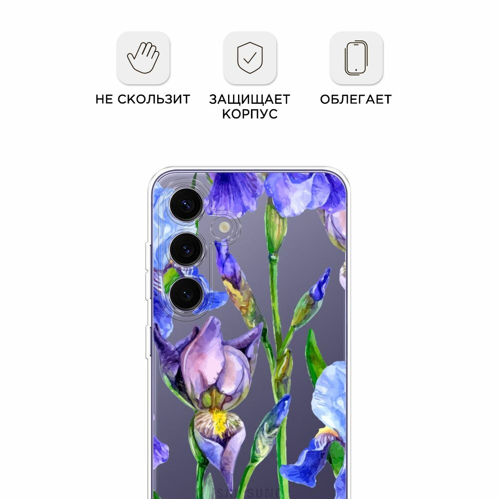Чехол на Samsung Galaxy S24 Plus / Самсунг S24 Plus с принтом "Синие ирисы", прозрачный — фото 1