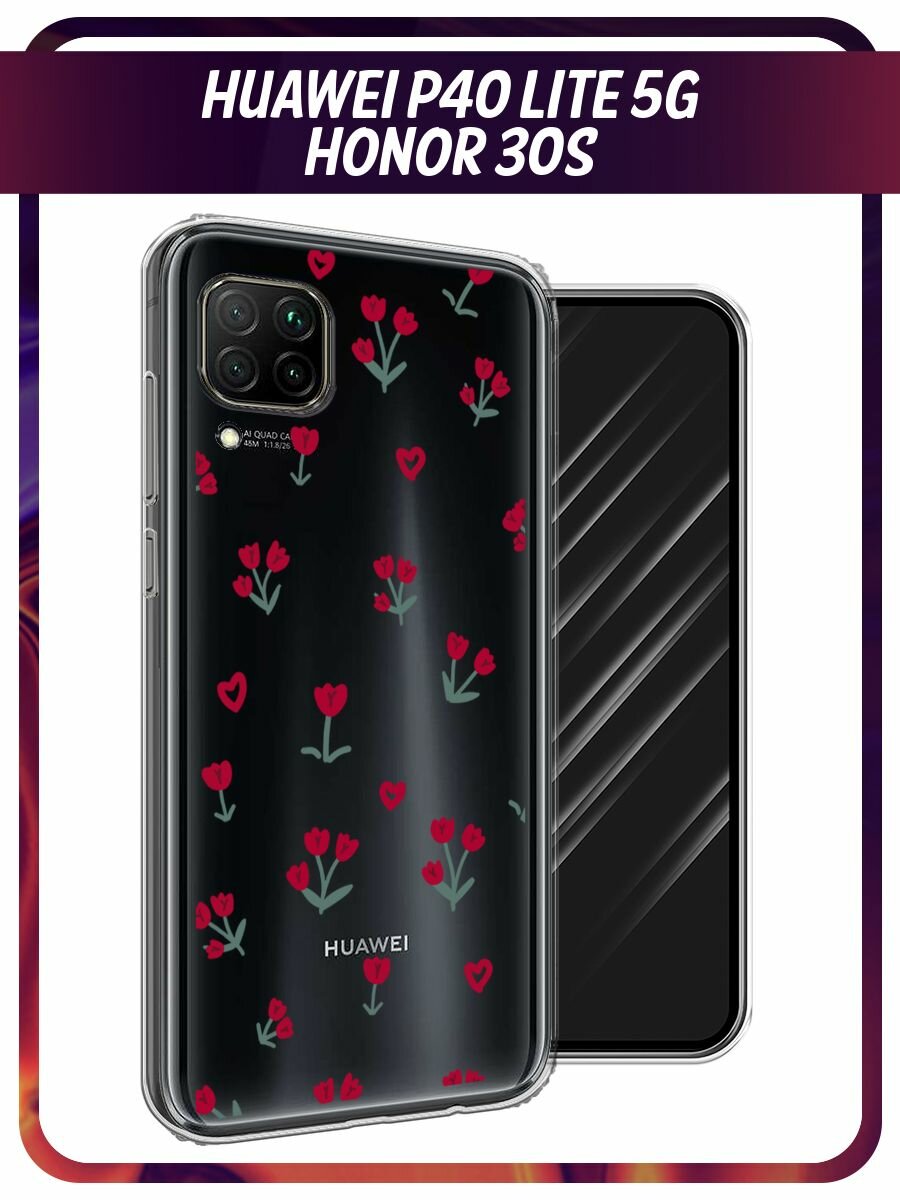 Чехол на Honor 30S Global/Huawei P40 Lite 5G/Nova 7 SE / Хонор 30S с принтом "Красные тюльпанчики", прозрачный