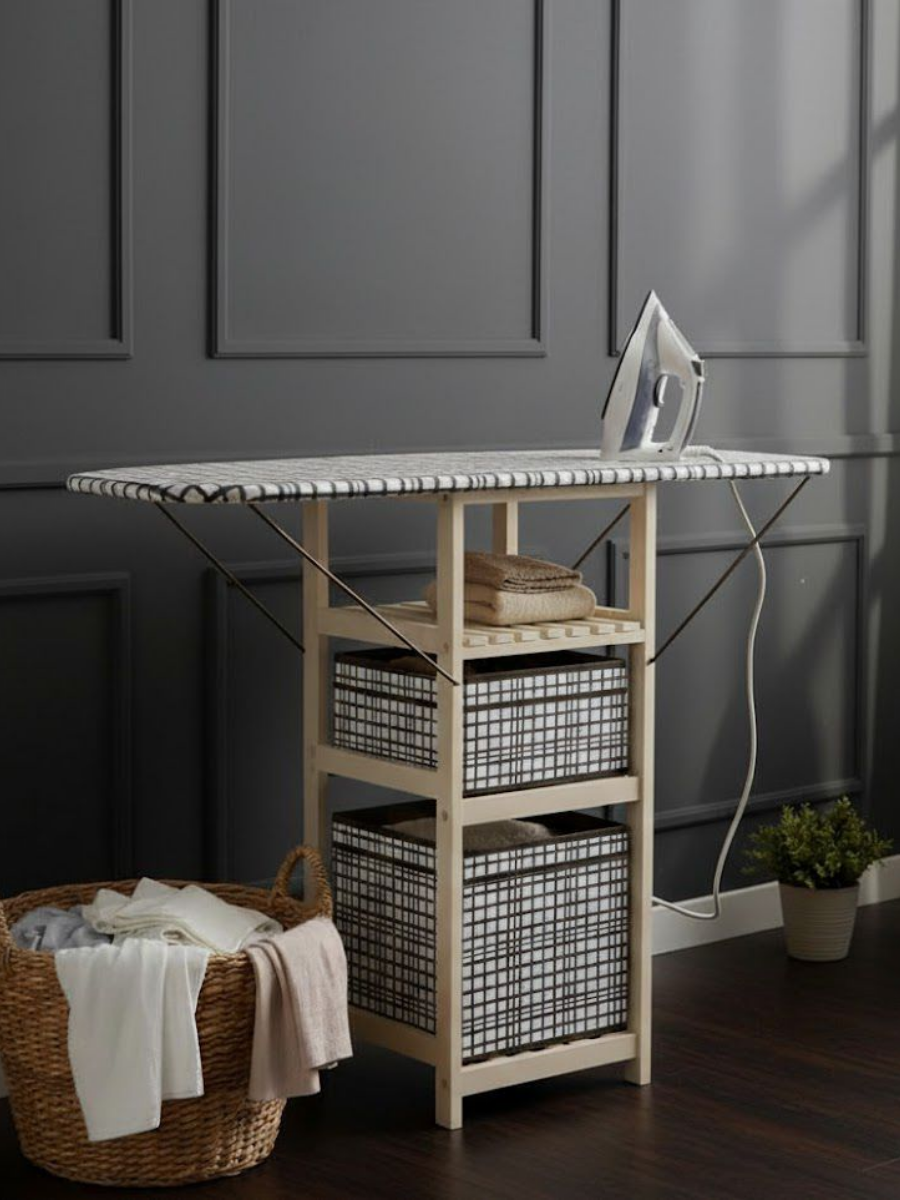 Комод гладильная доска с ящиками из массива, гладильный комод (тип 1) ткань 18 (слоновая кость)