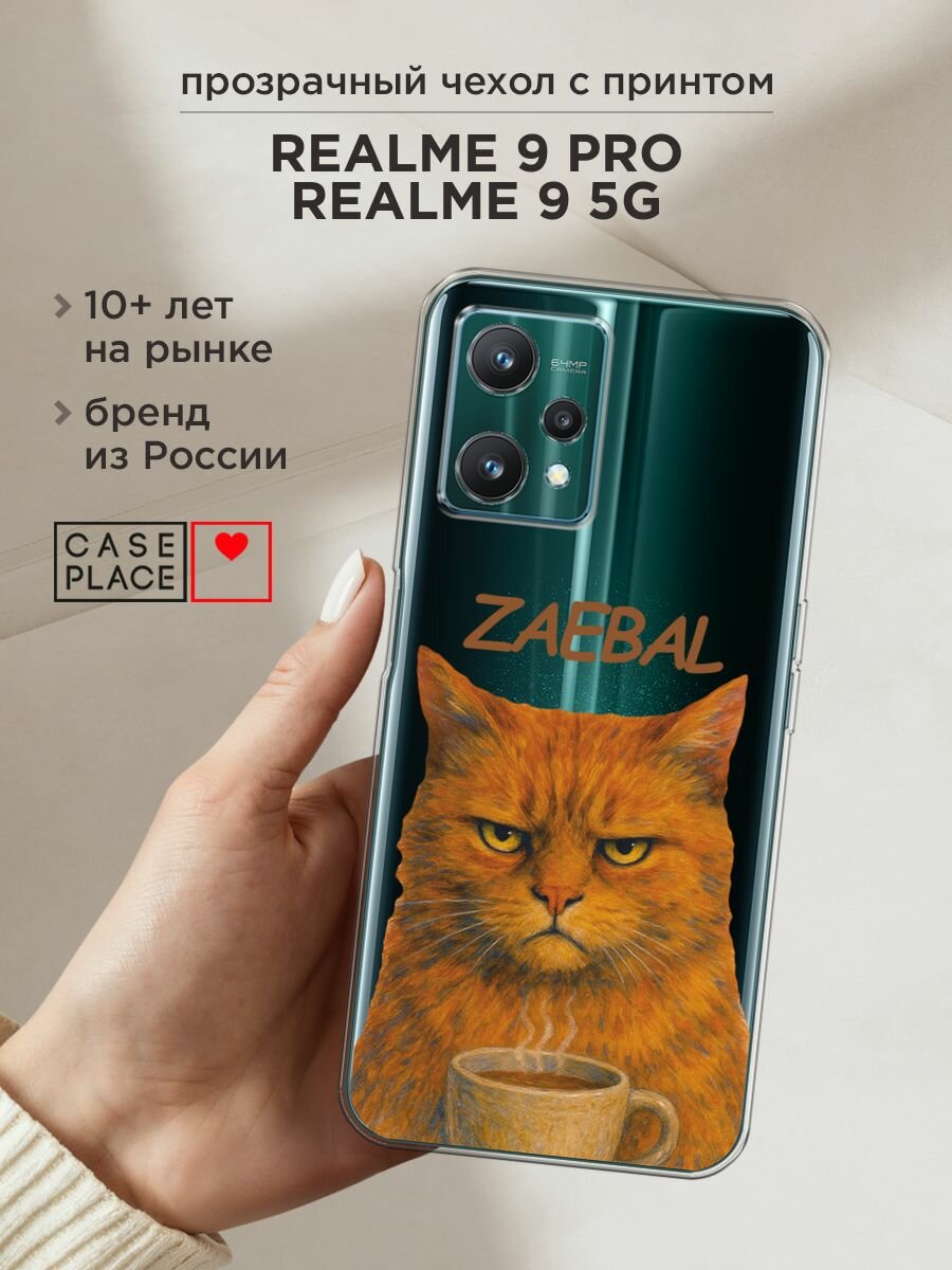 Чехол на Realme 9 Pro/9 5G / Реалми 9 Про/ 5G с принтом "Рыжий кот с надписью", прозрачный