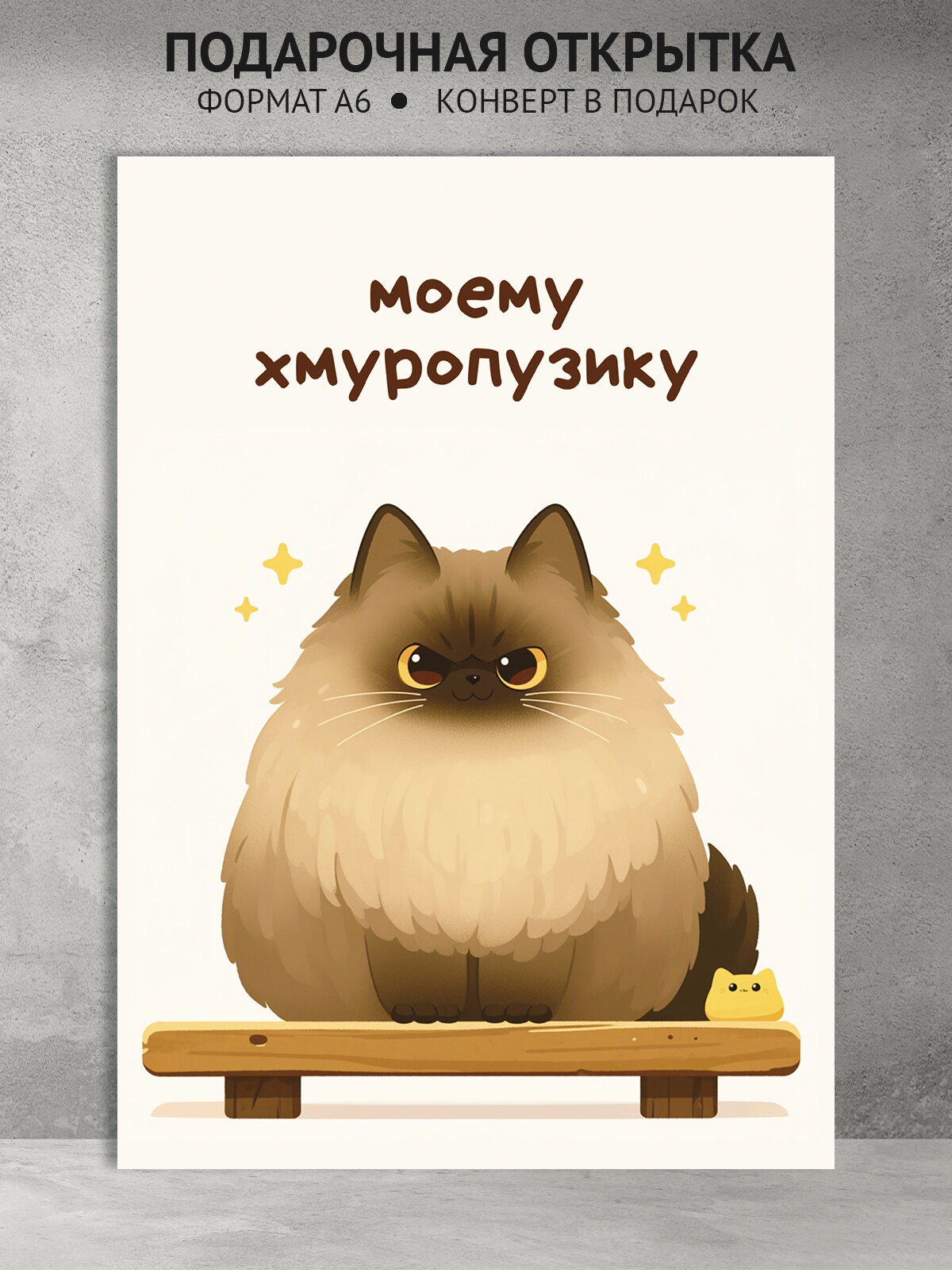 Подарочная открытка со смешной иллюстрацией персидского кота "Моему хмуропузику" с днем рождения, с юбилеем, без повода