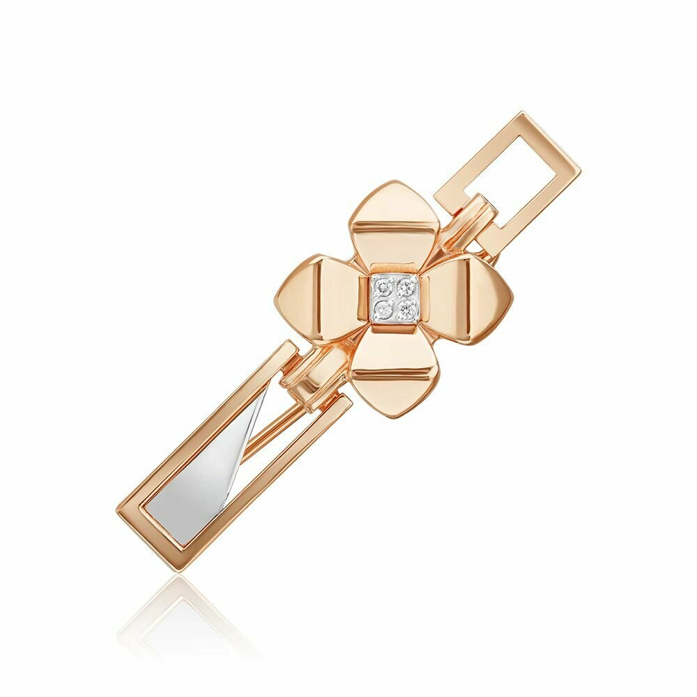 Брошь, комбинированное золото, 585 проба, родирование, бриллиант