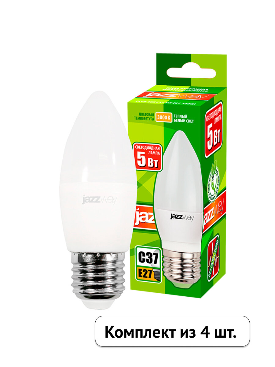 Лампочка светодиодная Jazzway PLED ECO 5Вт, 3000K, 400Лм, Е27, C37, теплый белый свет, свеча (комплект из 4 шт.)