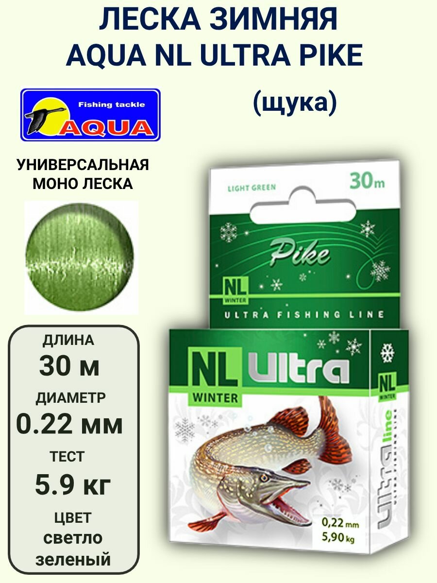 Леска зимняя AQUA NL ULTRA PIKE (Щука) 30m 0,22mm, цвет - светло-зеленый