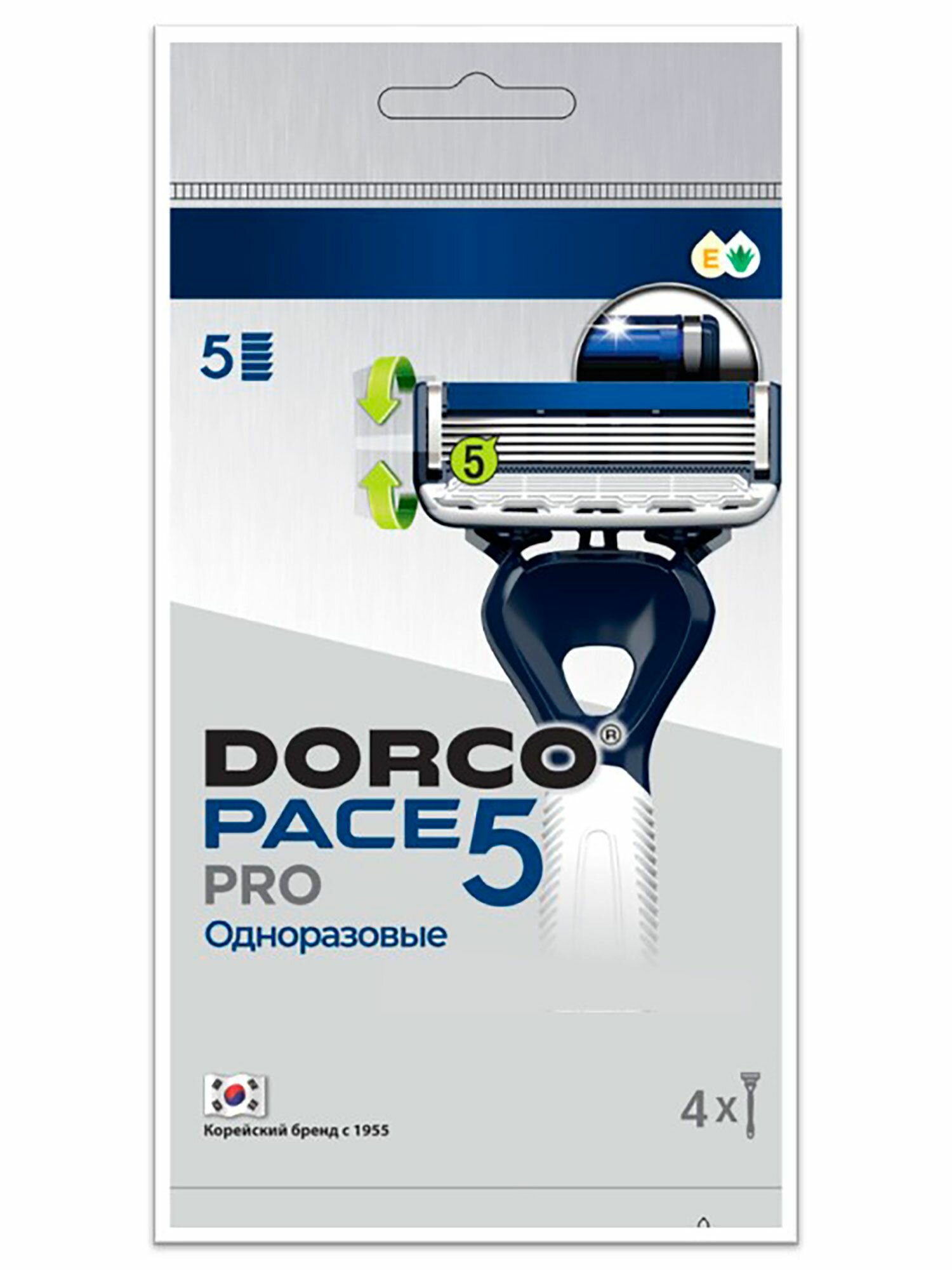 Dorco Одноразовые бритвы PACE5 PRO (4 станка), 5 лезвий и триммер, плав. головка, увл. полоска, прорезиненная ручка