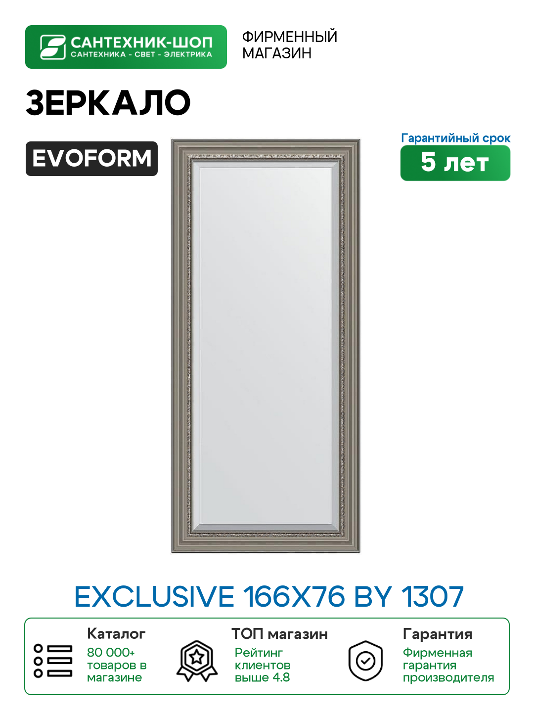Зеркало Evoform Exclusive 166х76 BY 1307 с фацетом в багетной раме - Римское серебро 88 мм стекло