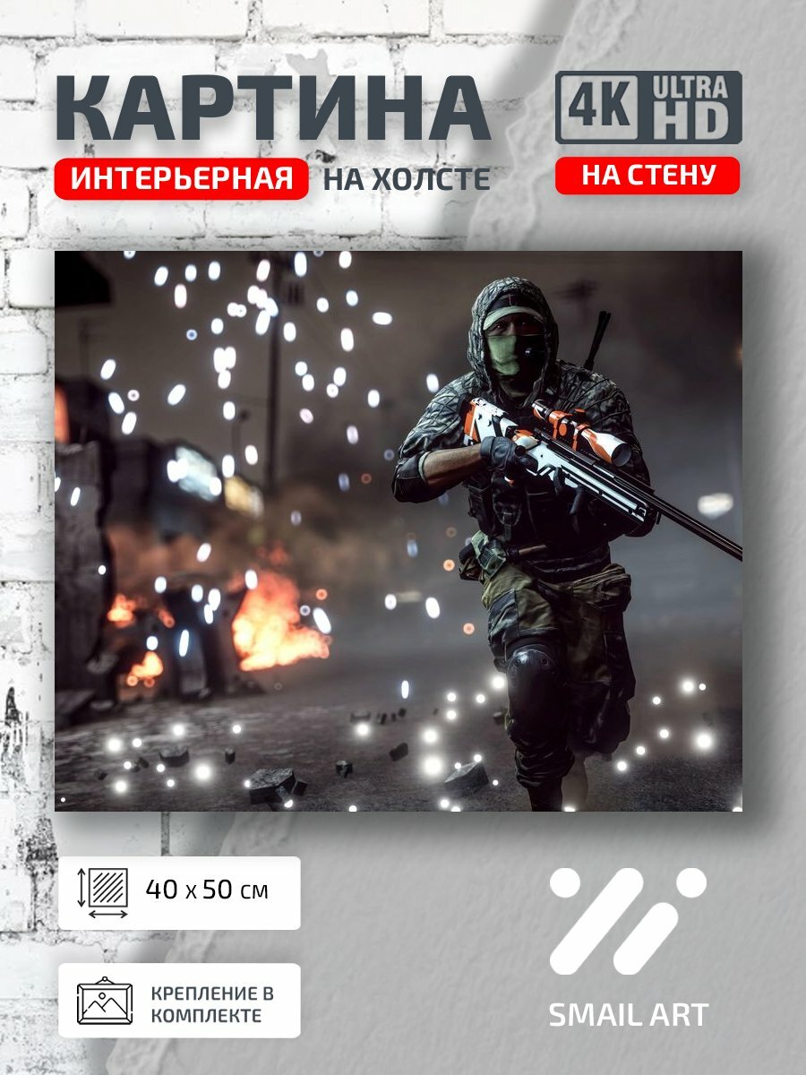 Картина на холсте интерьерная 40 на 50 на стену Оружие battlefield для геймера атмосфера