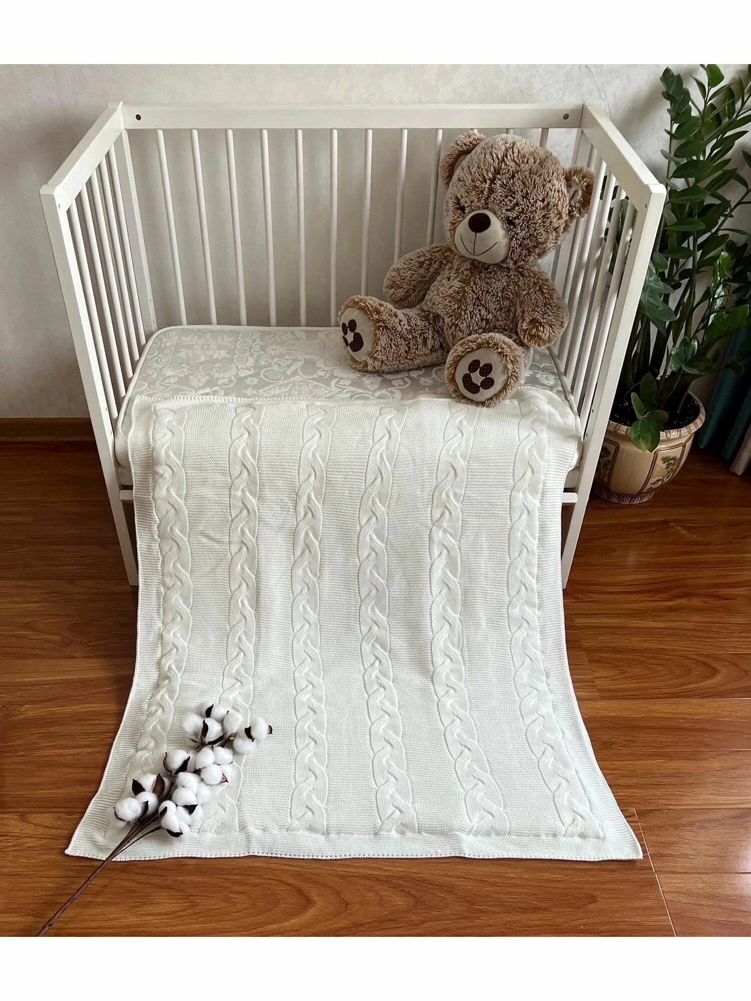 Плед 100х100 для новорожденного детский вязаный одеяло белый