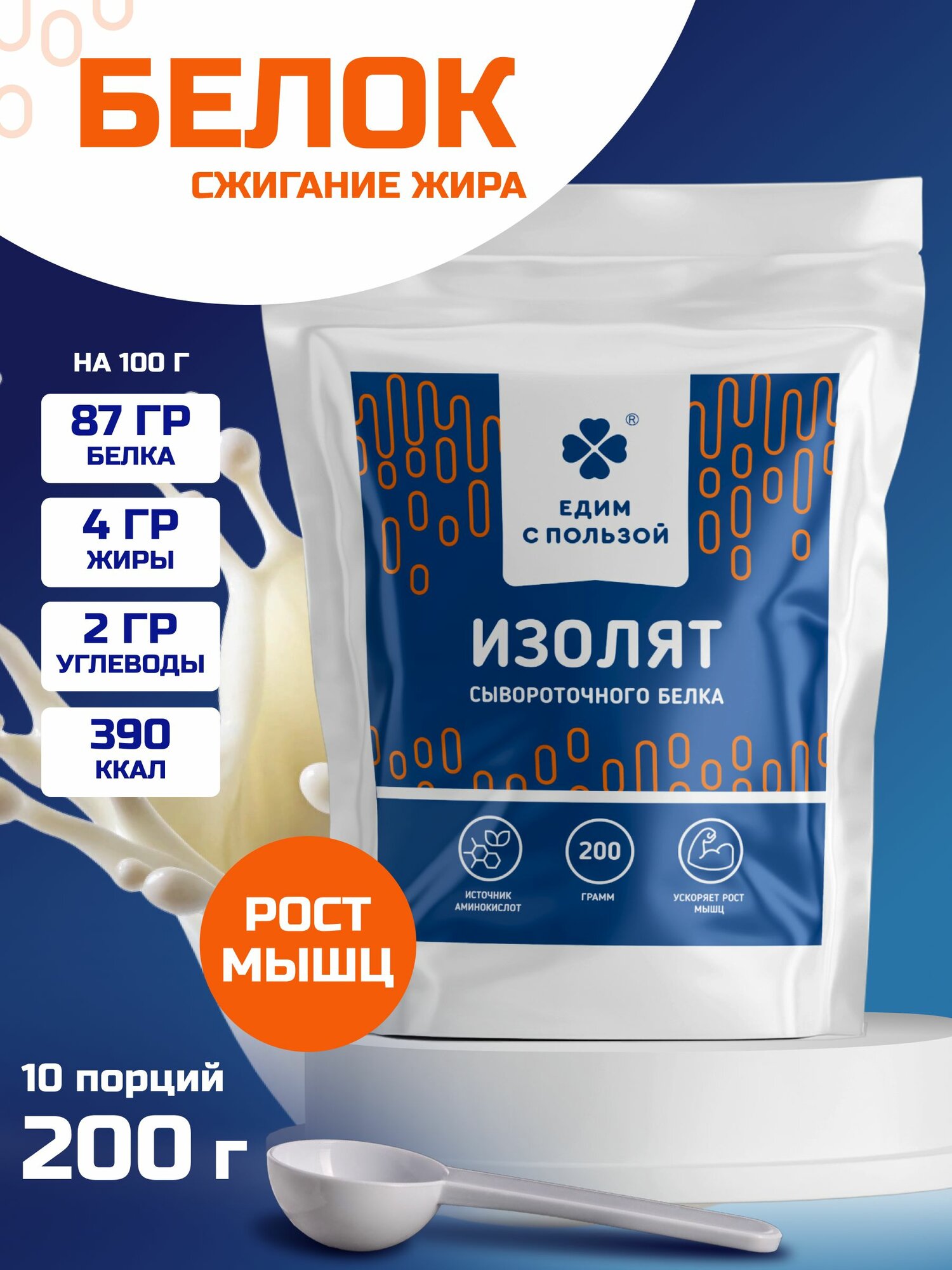 Протеин сывороточный, изолят сывороточного белка 90% 200 гр, для набора мышечной массы, похудения, восполнения дефицита белка, без вкуса и сахара