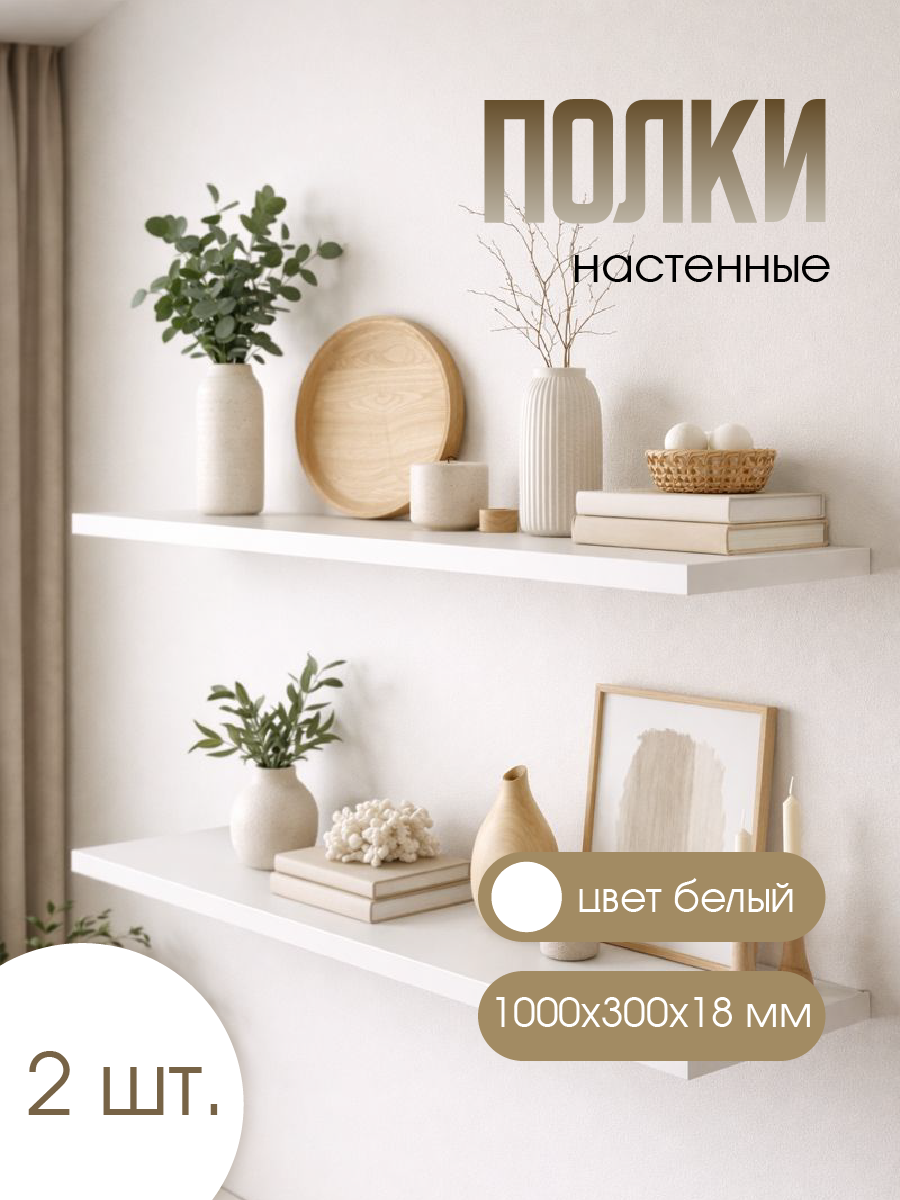 Подвесные полки, 30x100 см, толщина 18мм. Полки в шкаф. скрытое итальянское крепление, белые. 2 шт