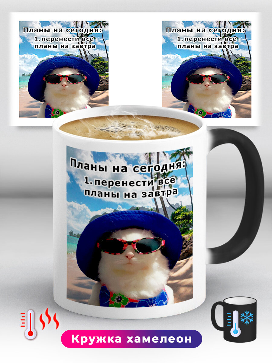 Кружка хамелеон мем прикол Котик в очках Планы на сегдня 330 мл, керамическая с ярким принтом, подходит для СВЧ