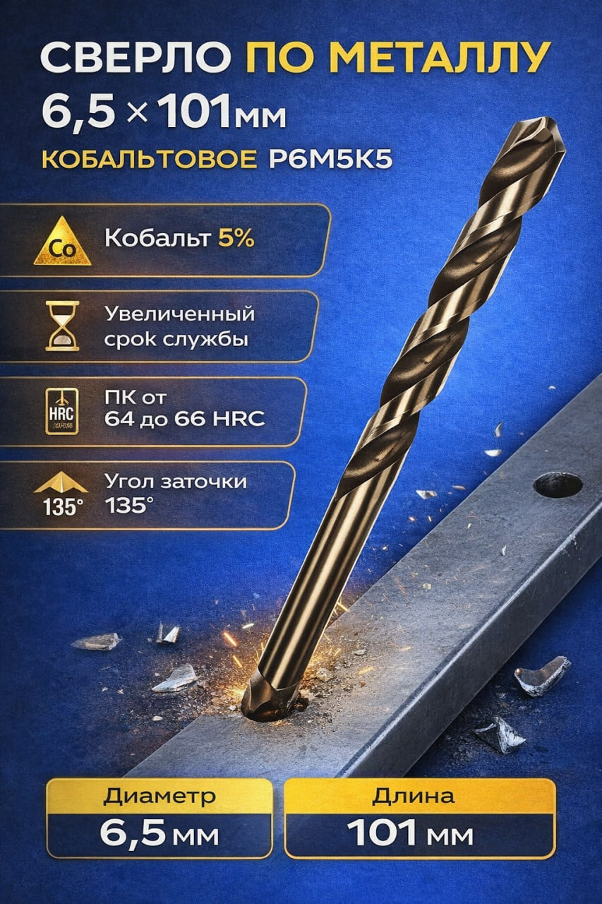 Сверло по металлу 6,5х101мм P6M5K5 Кобальт 3-ON 14-21-265