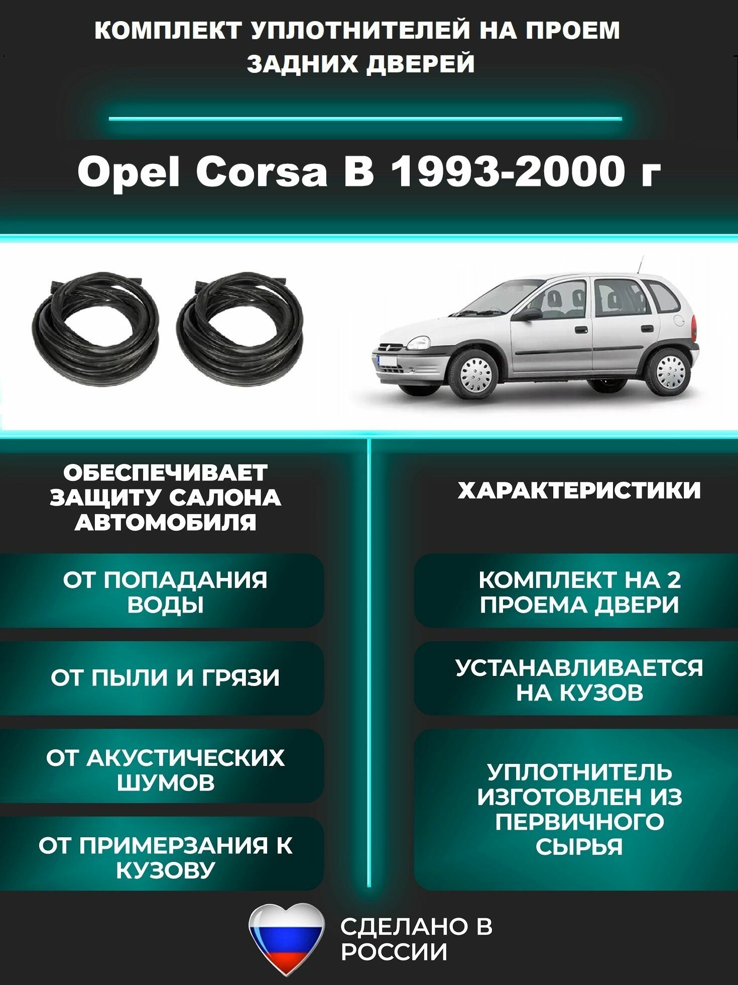Комплект уплотнителей проема задних дверей на Opel Corsa B 1993-2000 г / Опель Корса Б - 2 шт.