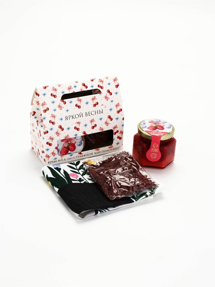 Набор с крем-мёдом, чаем и полотенцем в коробке "Весенний паттерн"