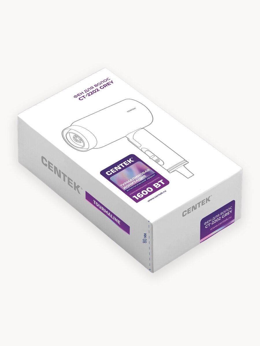 Фен для волос Centek CT-2202 Grey, 1600Вт, 3 скорости, Турмалиновая ионизация, Антистатический эффект