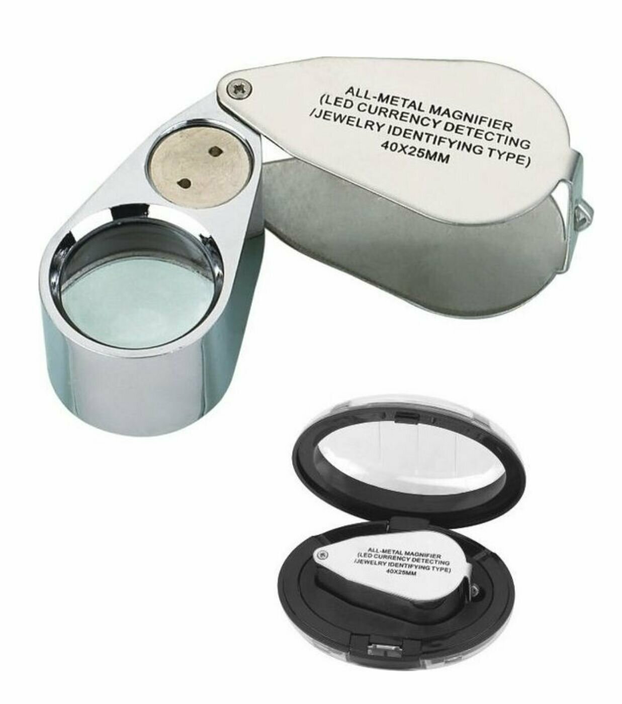Лупа ювелирная 40х, 25 мм, с подсветкой (2 LED) + UV подсветка MG9890