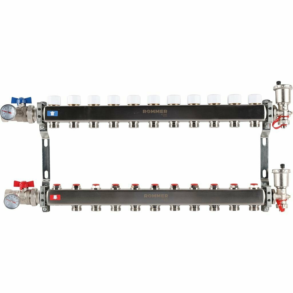 Коллектор для теплого пола ROMMER RMS-3210-000011 из нержавеющей стали в сборе без расходомеров 11 вых.