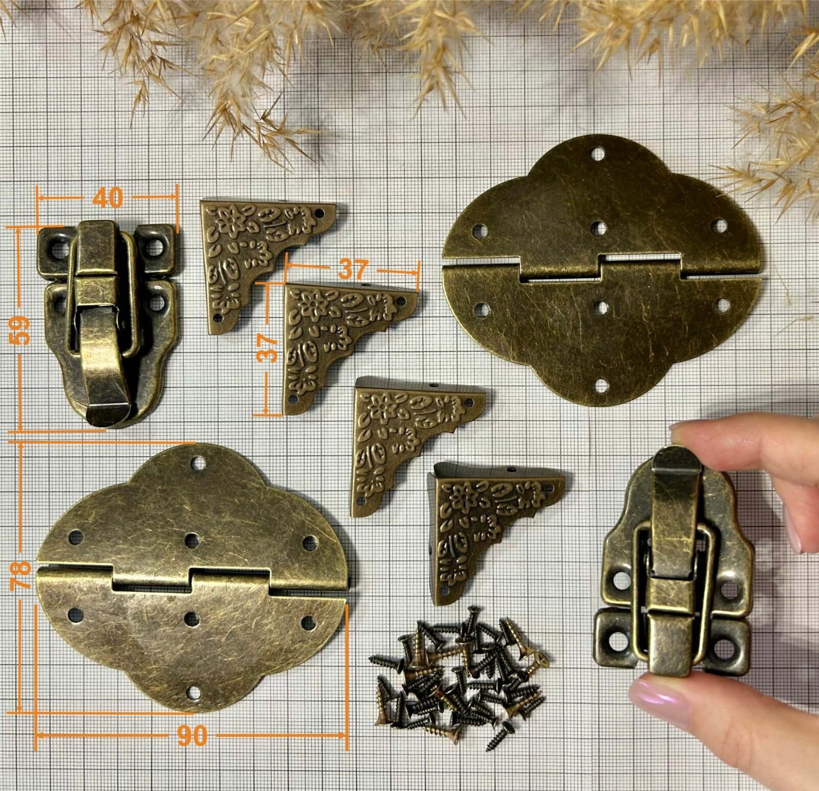 Уголки, замок, петли для сундука (шкатулки) "Бронза" набор