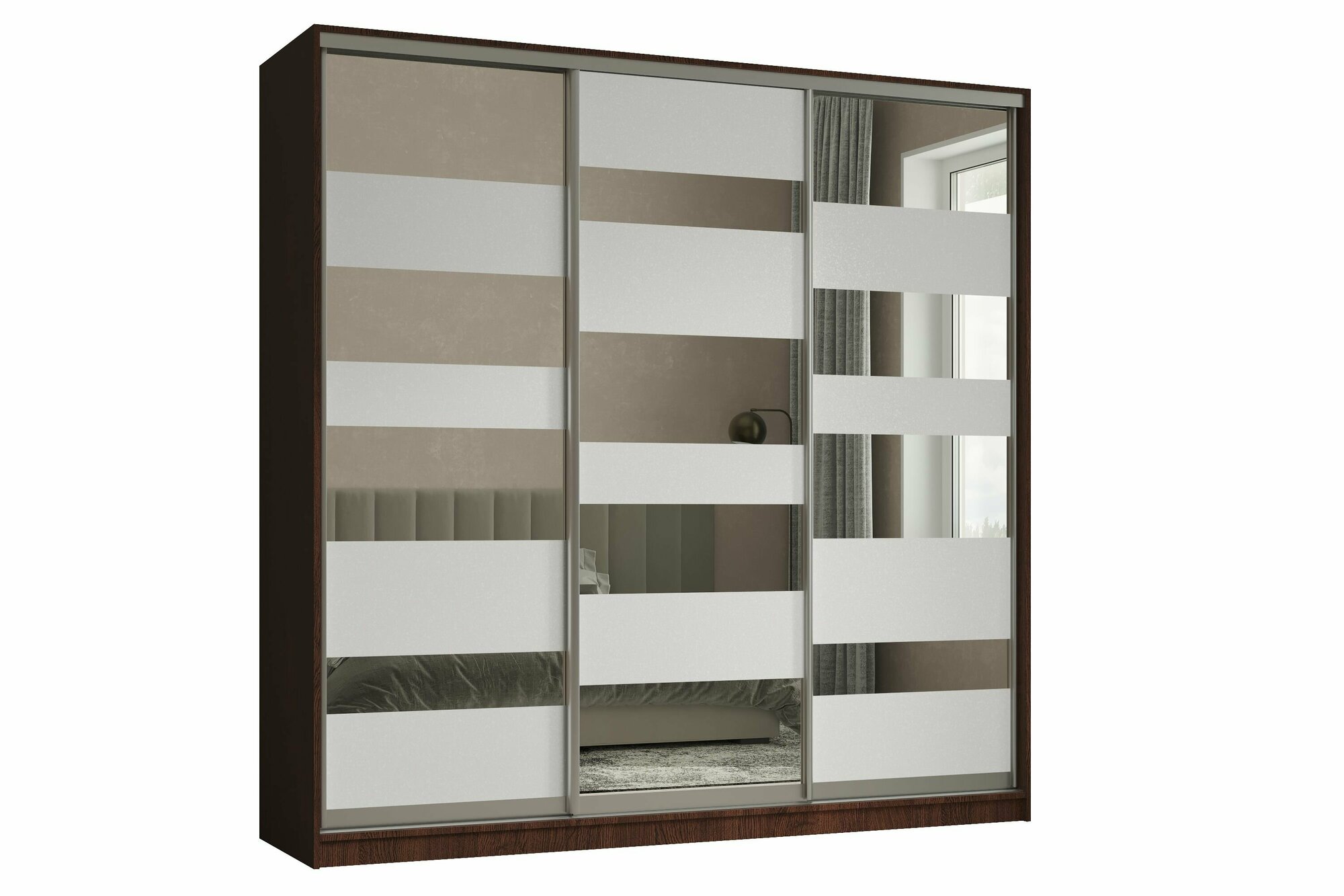 Шкаф купе, для одежды Дарден 3, Легкомаркет, с зеркалом серебро и пескоструйным рисунком 180х60х220, белье/платье/белье, венге, профиль серебро