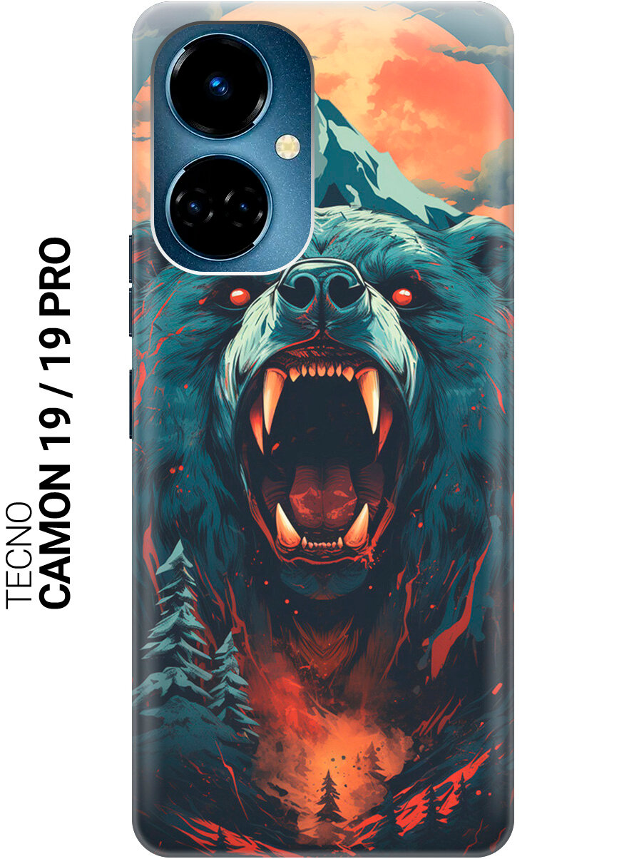 Силиконовый чехол на Tecno Camon 19 / 19 Pro / Техно Камон 19 / 19 Про с рисунком "Гризли при красной луне"