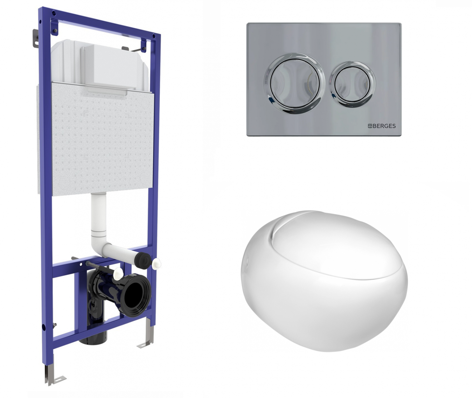 Комплект 3 в 1 инсталляция Berges Novum O3 + Подвесной унитаз WeltWasser Jeckenbach с кнопкой глянцевой хром