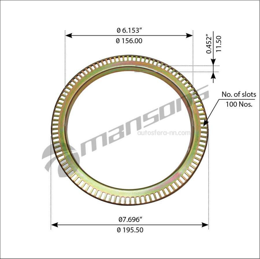 MANSONS 600151 кольцо ступицы (м)! зубчатое ABS 156x195x11.5 z100\ SAF