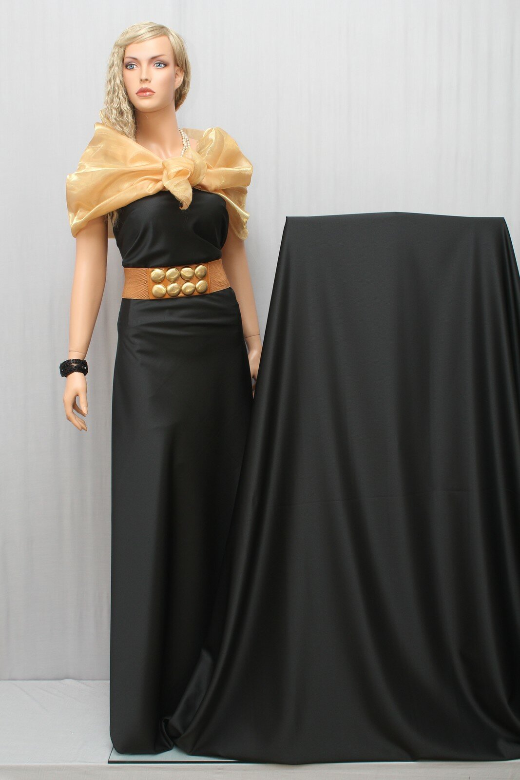 Ткань Шерсть-сатин жаккард чёрный в продольный рубчик-полоску, 280 г/пм, ш152см, 0,5 м