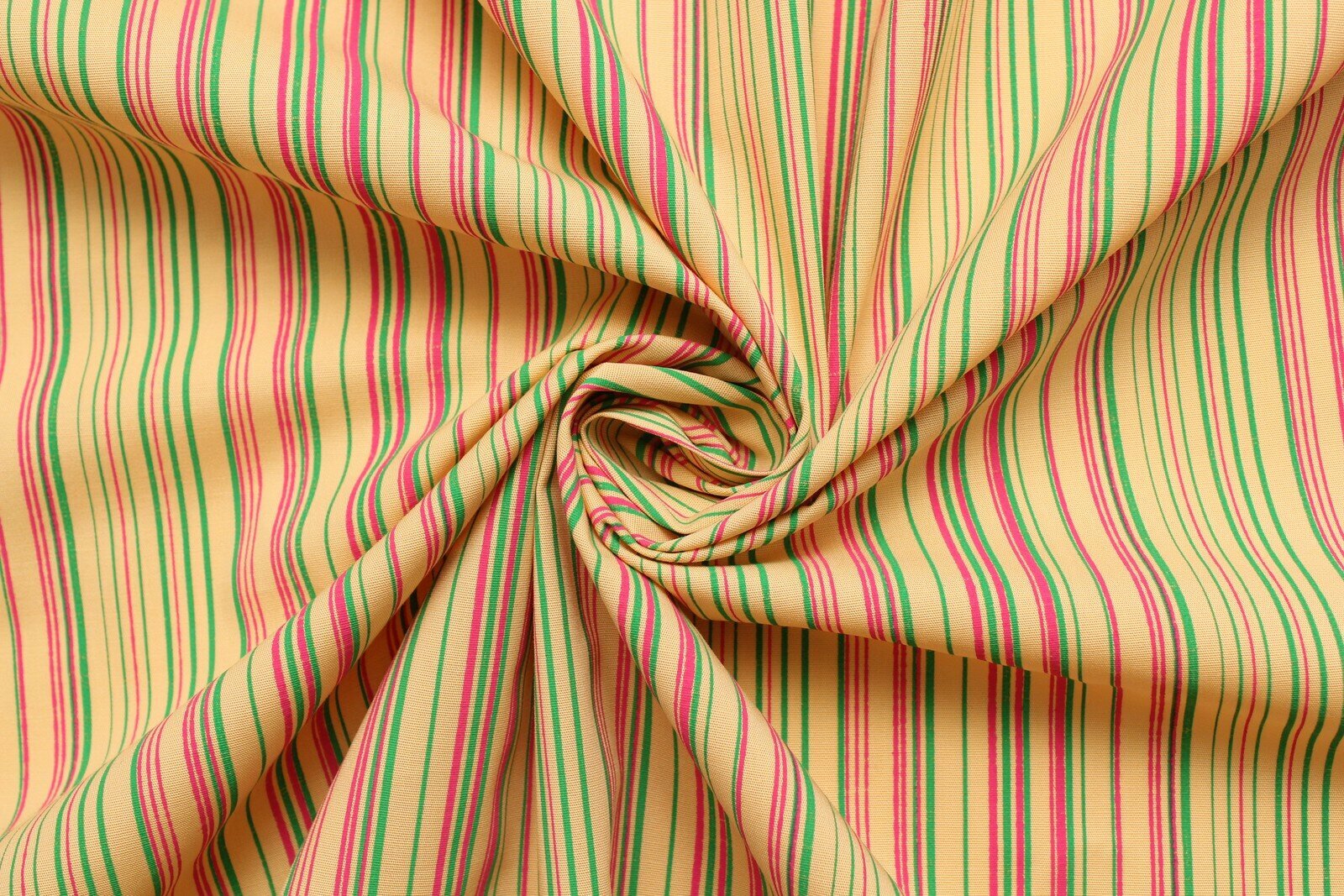 Ткань Хлопок-стрейч не равномерная малиново-зелёная полоска на песочно-жёлтом, ш142см, 0,5 м