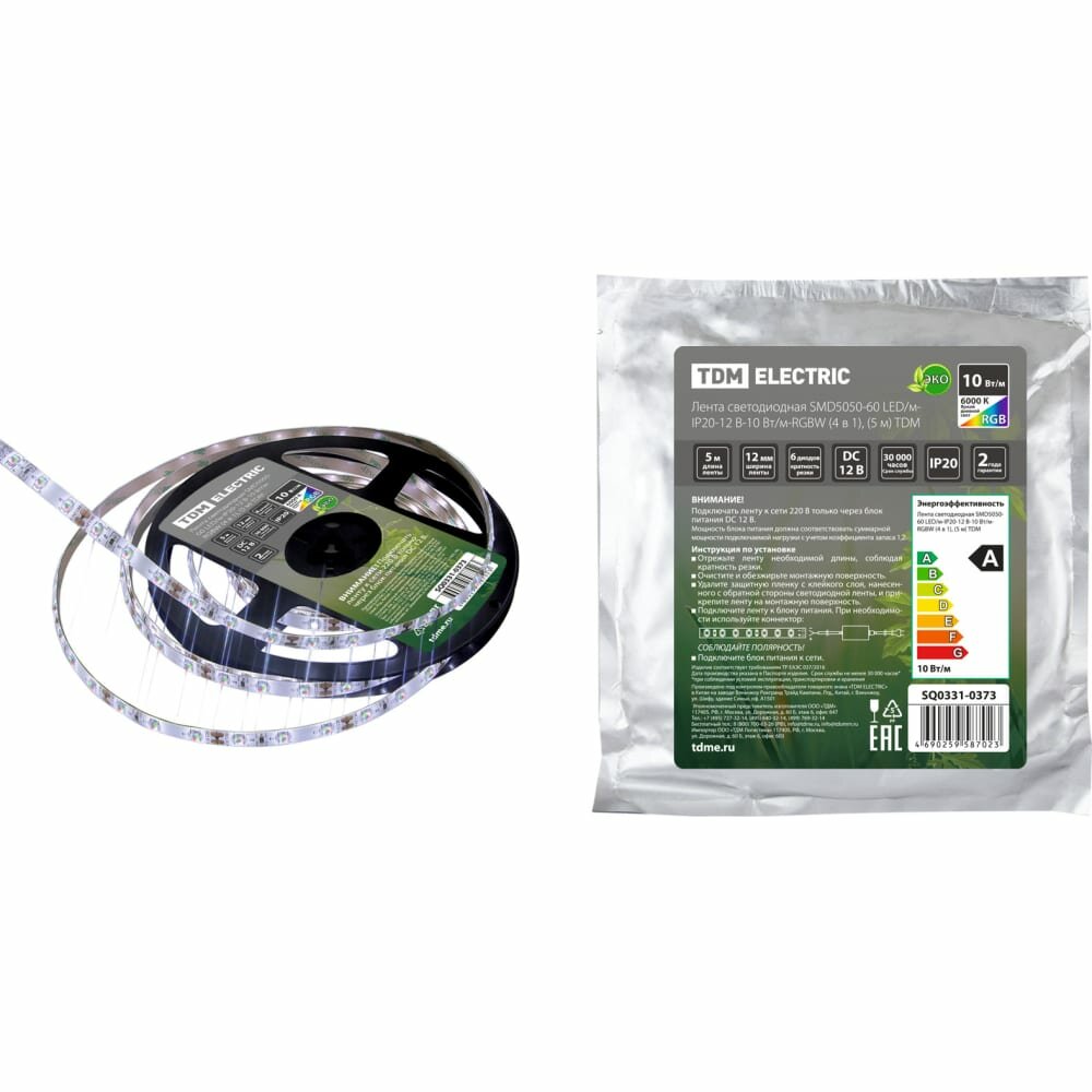 Светодиодная лента TDM ELECTRIC SMD5050-60 LED/м-IP20-12 В-10 Вт/м-RGBW (4 в 1), (5 м) SQ0331-0373