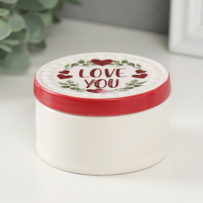 Шкатулка керамика "Растительный венок с сердцами - love you" 7,5х7,5х4,5 см