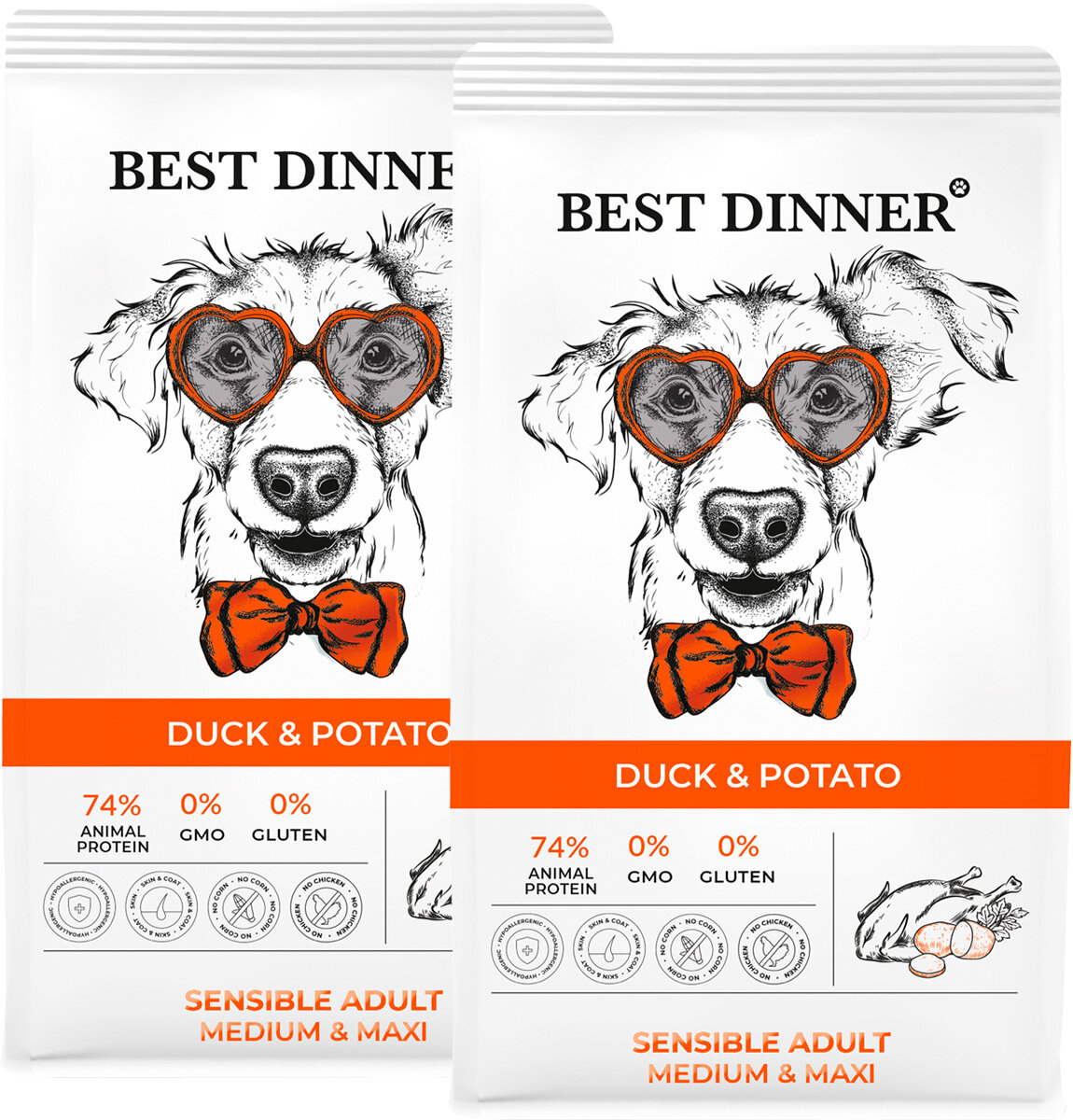 BEST DINNER DOG ADULT MEDIUM & MAXI SENSIBLE для взрослых собак средних и крупных пород с чувствительным пищеварением с уткой и картофелем (3 + 3 кг)