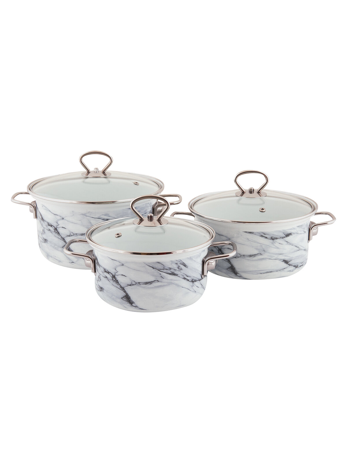 Набор эмалированных кастрюль Белый мрамор, 3 шт, 1,9 л, 2,5 л, 3,7 л.