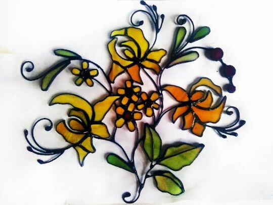 Цветок из стекла в стиле росписи хохлома. Витражная подвеска. Оригинальный подарок. Интерьерное украшение