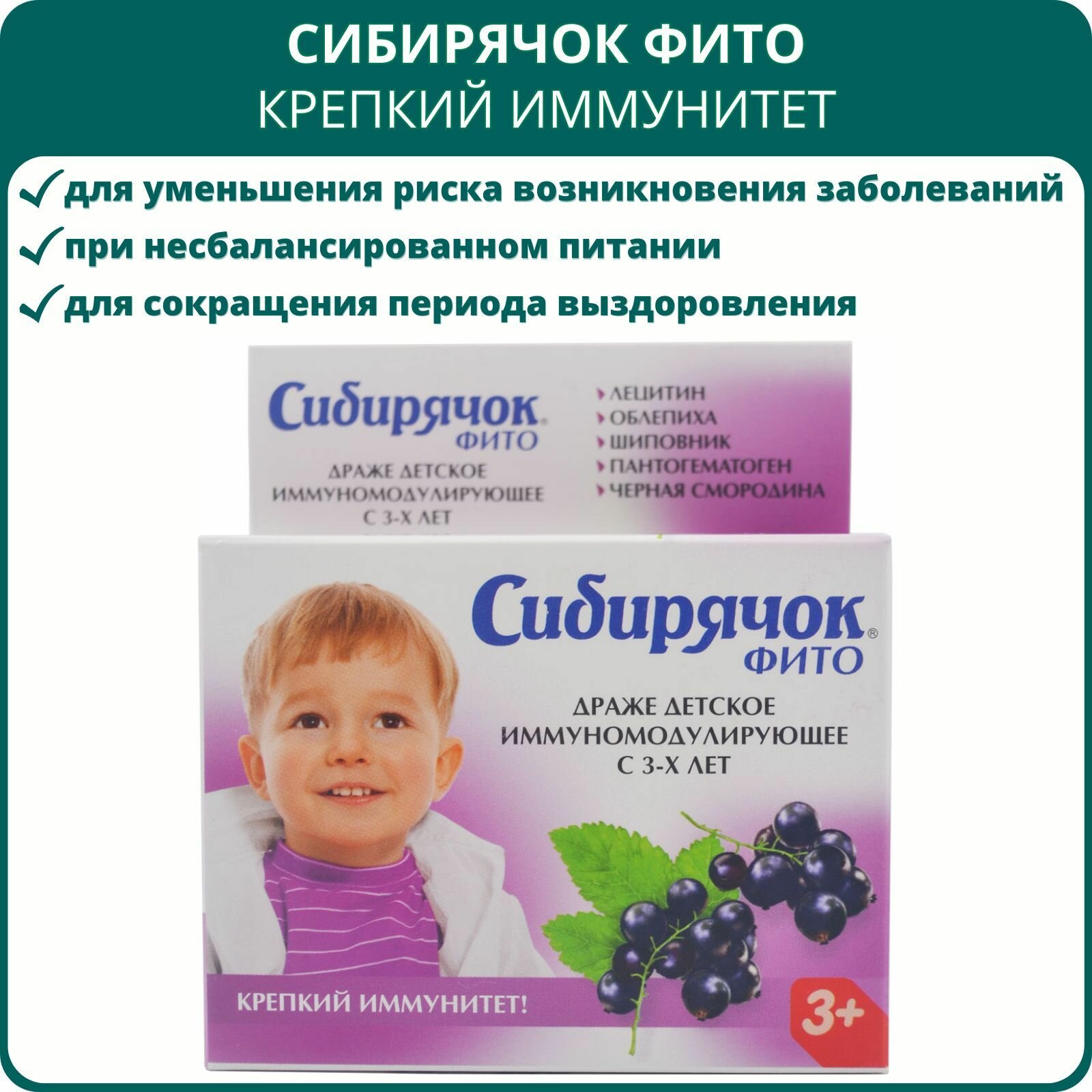 Сибирячок фито Крепкий иммунитет, драже детское, 80 г. Алтайский препарат с чёрной смородиной, шиповником и витамином С