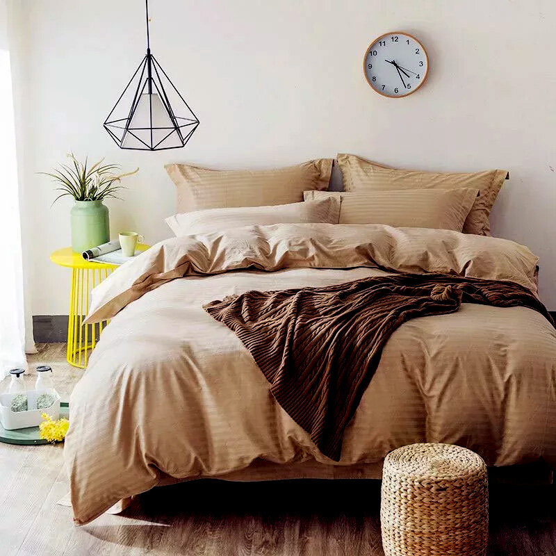 Постельное белье из страйп-сатина с простыней на резинке Полоска 1x1 FSL-015 коричневый Elin (коричневый), 2,0 спальный (наволочки 70x70)