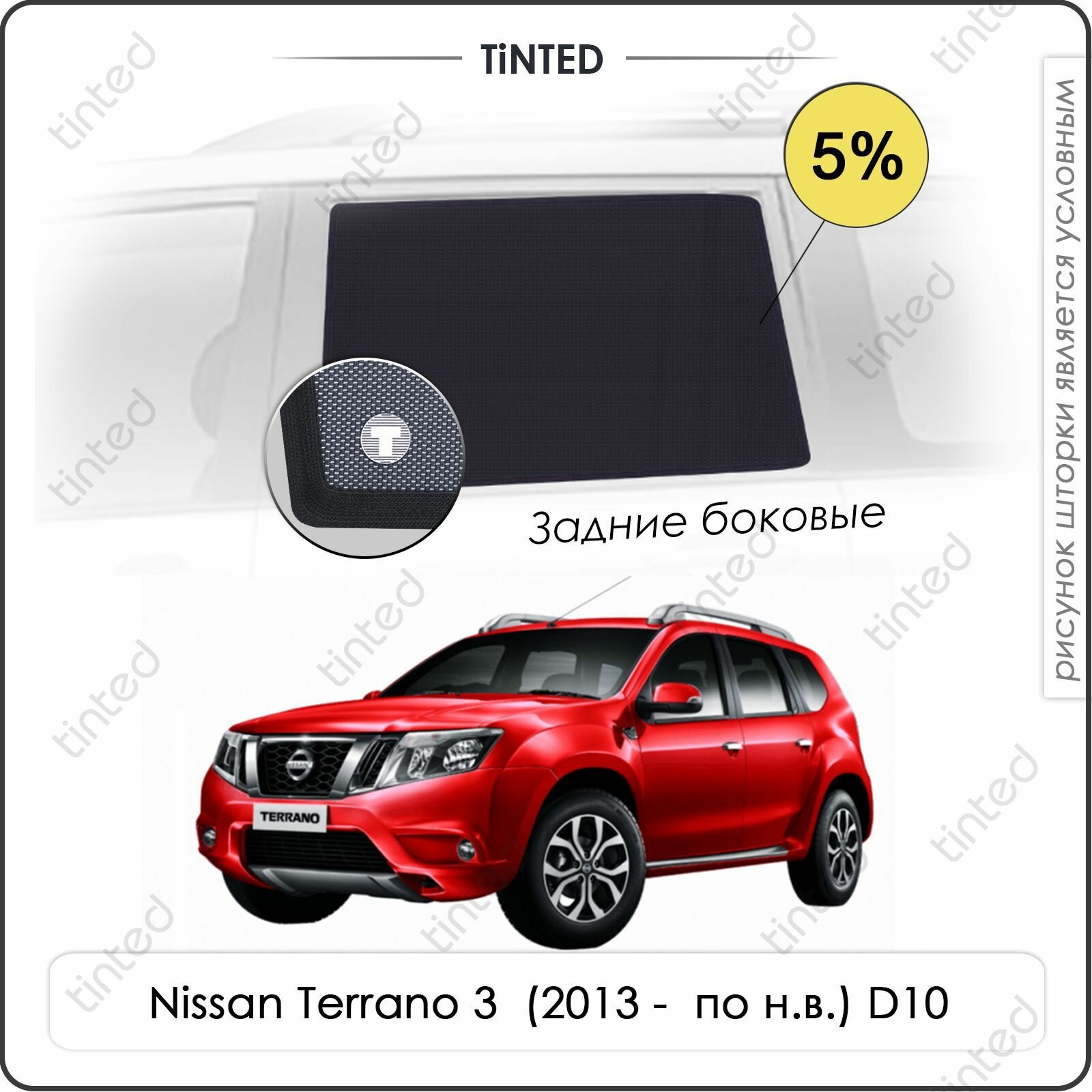 Шторки на автомобиль солнцезащитные Nissan Terrano 3 Кроссовер 5дв. (2013 - по н. в.) D10 на задние двери 5%, сетки от солнца в машину ниссан террано, Каркасные автошторки Premium