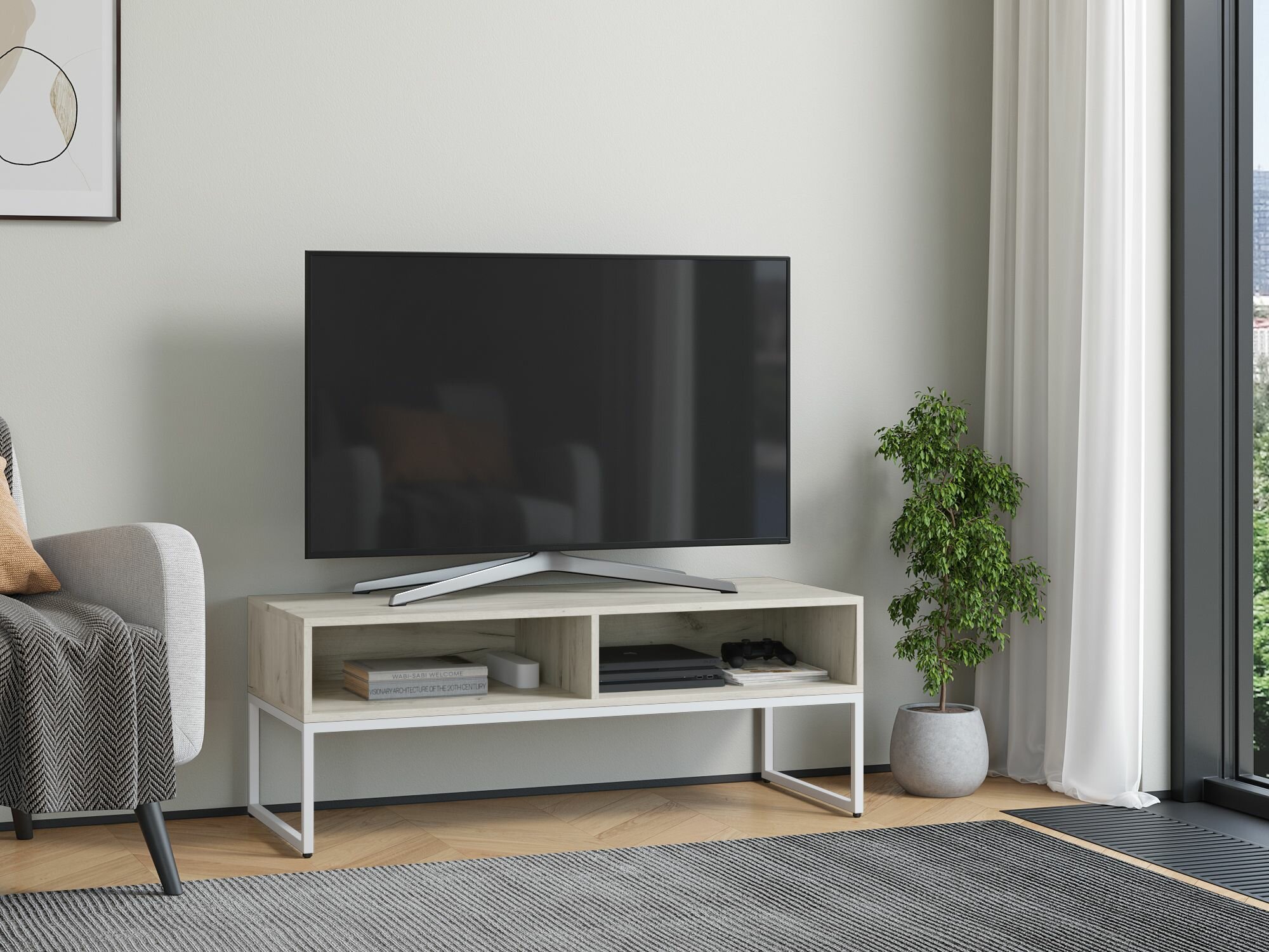 Тумба под ТВ Айсберг Лофт 120 отрытая Белый/дуб крафт белый