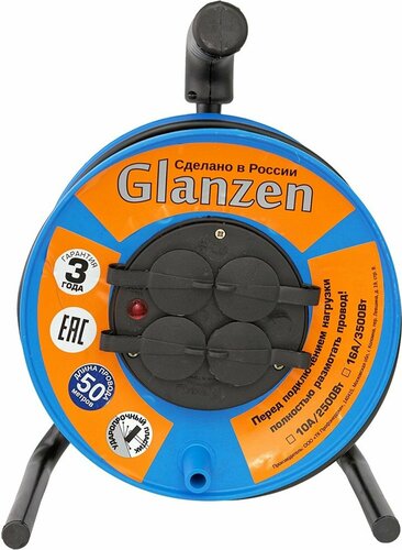 Удлинитель на катушке Glanzen EB-50-020 4 гнезда 3500 Вт с заземлением ...