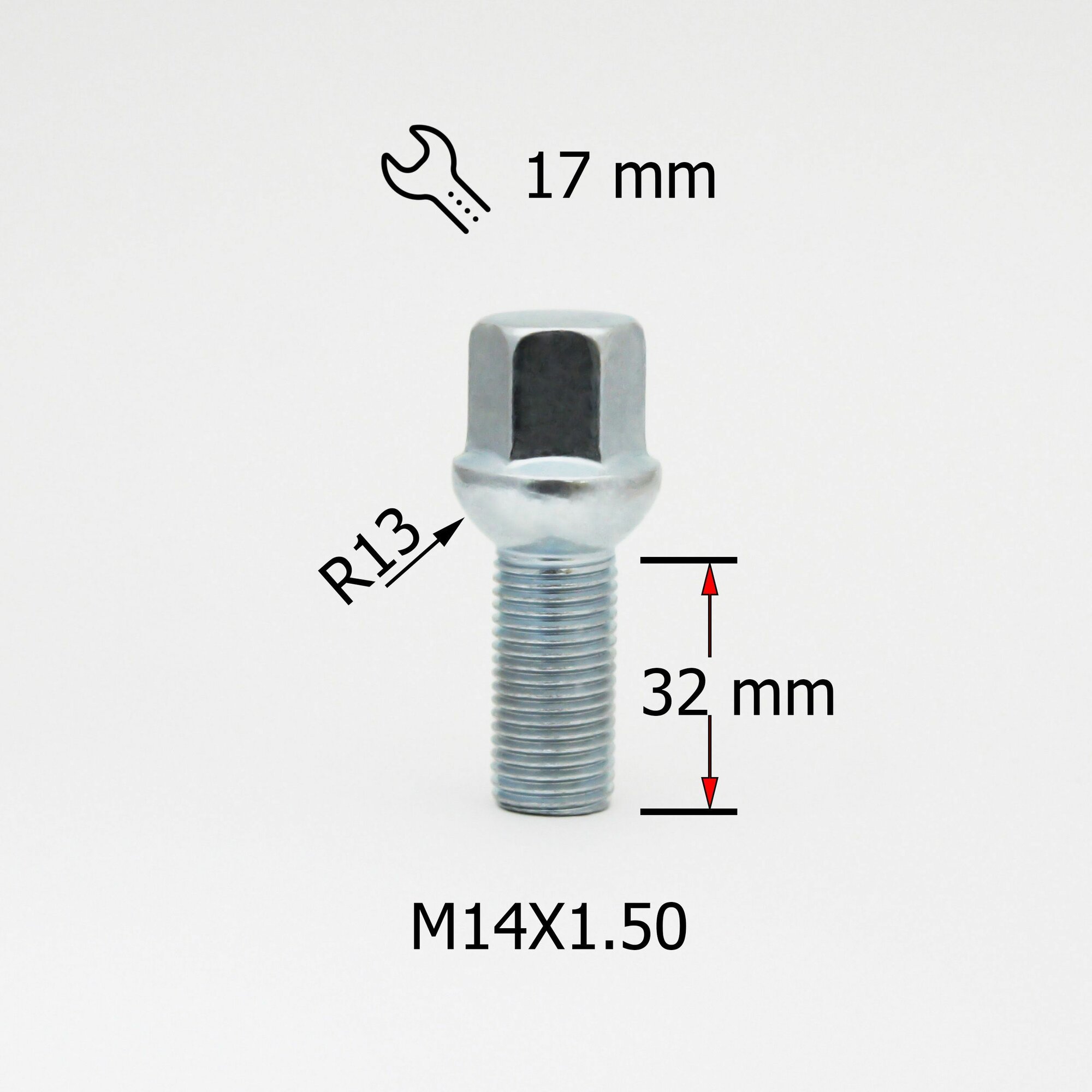 Болт колесный M14x1,5 длина резьбовой части 32мм, сфера, ключ 17мм, цинк