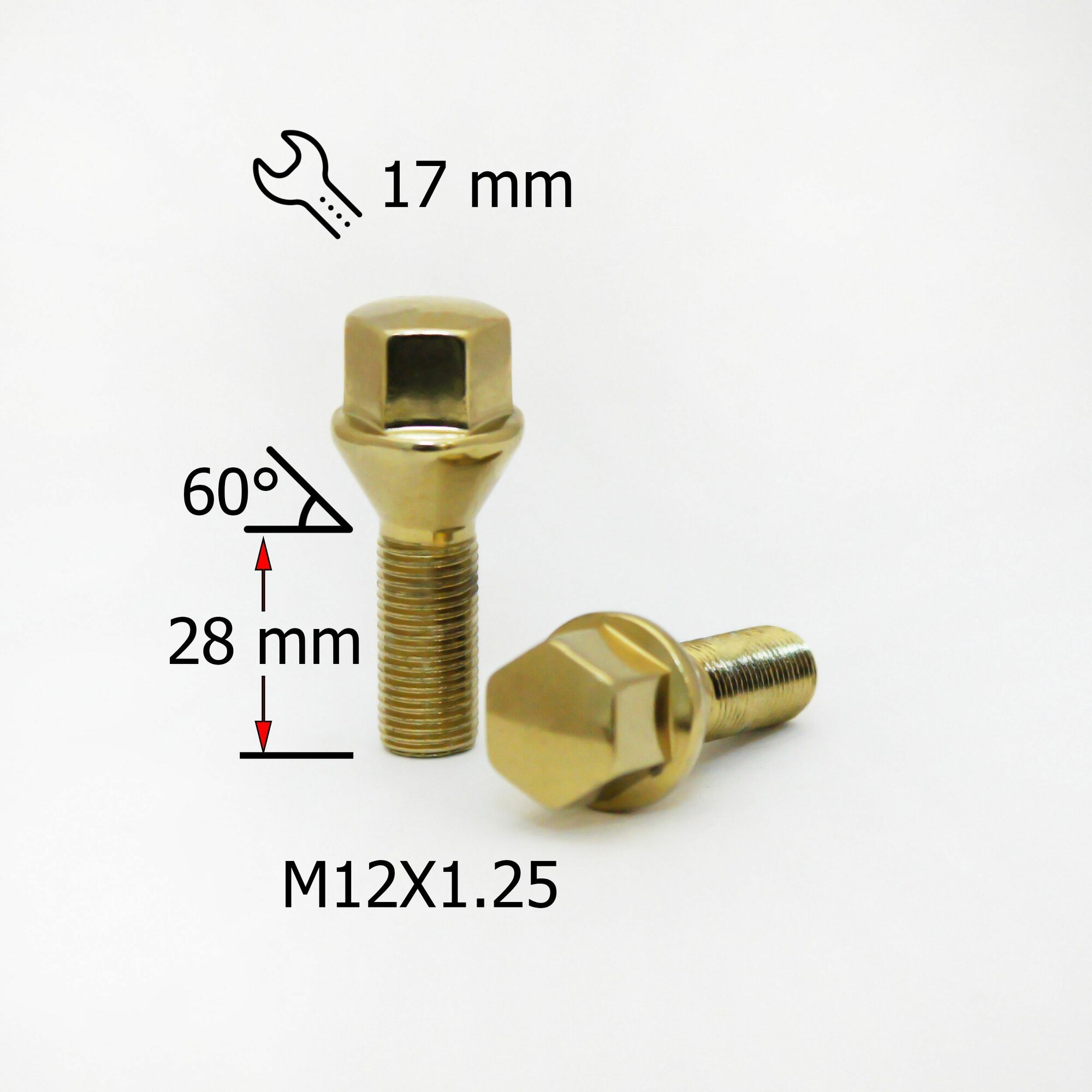Болт колесный M12x1,25 длина резьбовой части 28мм, конус, ключ 17мм, золотой