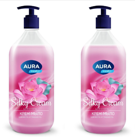 Крем-мыло Aura Silky Cream, шелк и лотос, флакон, дозатор, 1000 мл. 2 шт.