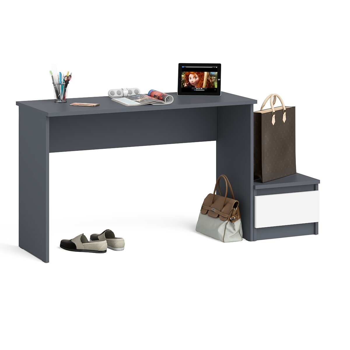 Стол письменный СВК Мори с тумбой ТМП400.1 графит/белый, ШхГхВ 160,8х50х76,6 см, ун/сб