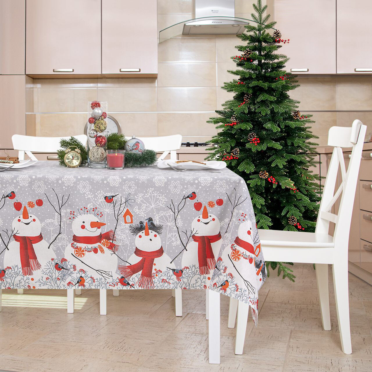 Скатерть 150*180 см, прямоугольная, рогожка, 100% хлопок, (Снеговики)