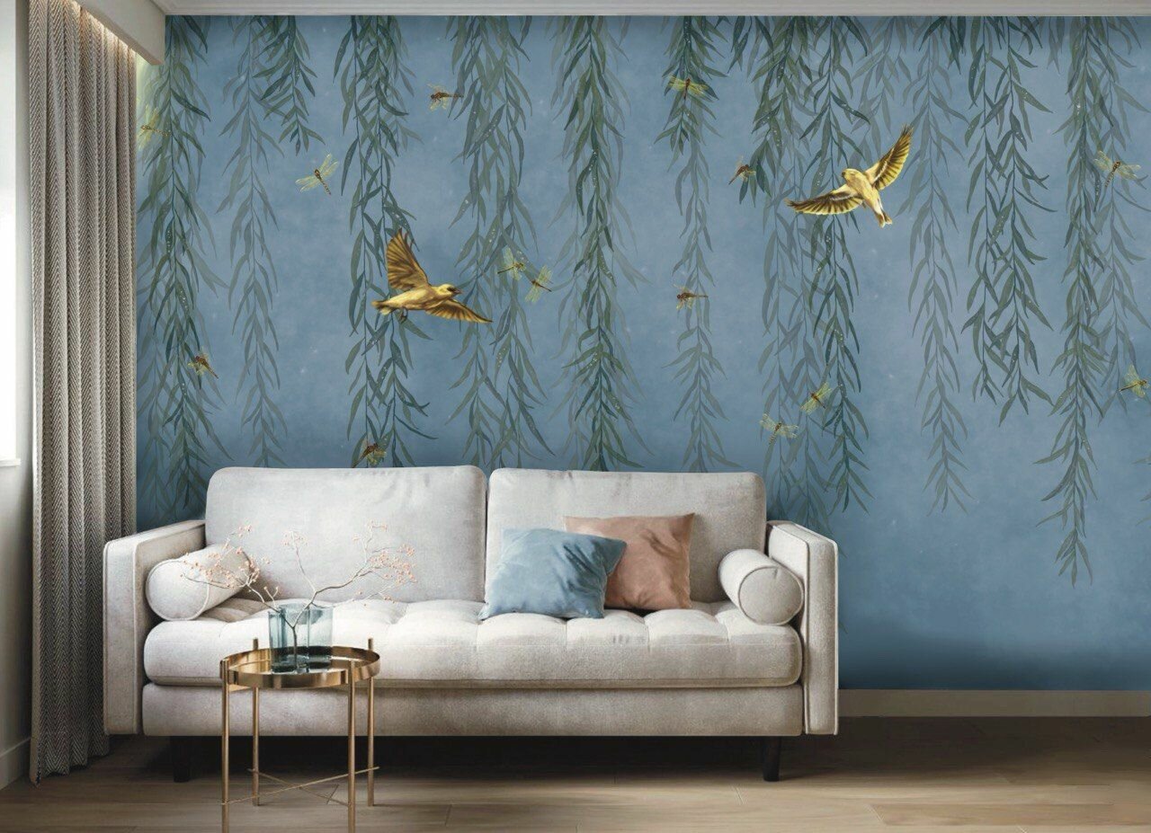 Фреска бесшовная "Иволги и стрекозки" серо-голубой (ширина 2550мм х длина 3500мм)