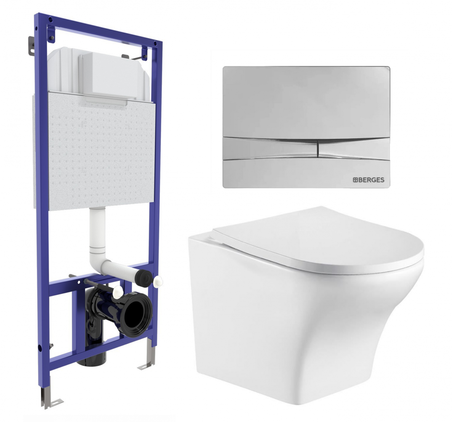 Комплект 3 в 1 инсталляция Berges Wasserhaus Novum 040253 + Подвесной унитаз WeltWasser Odenbach 004 GL-WT + кнопка хром
