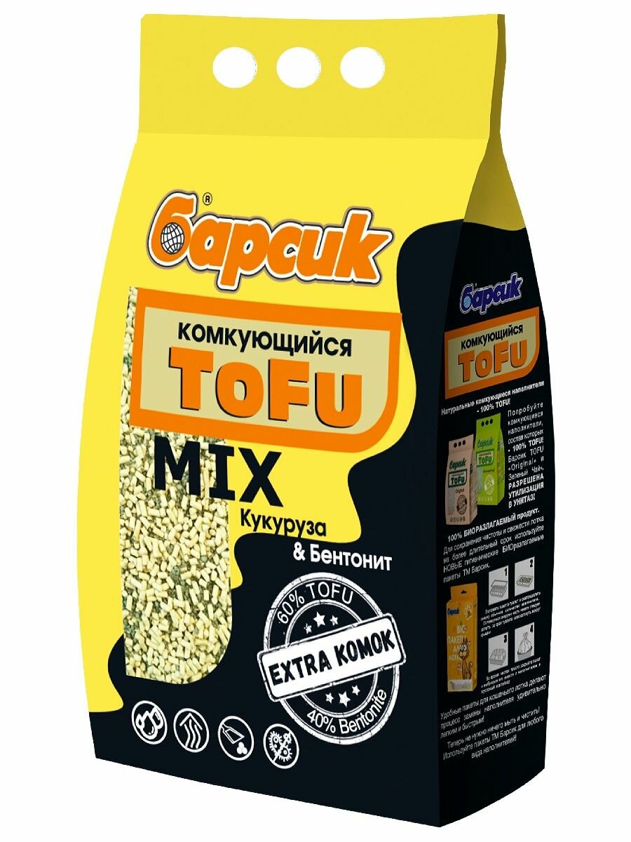 Наполнитель Барсик TOFU MIX Кукуруза & Бентонит Комкующийся 4.54л