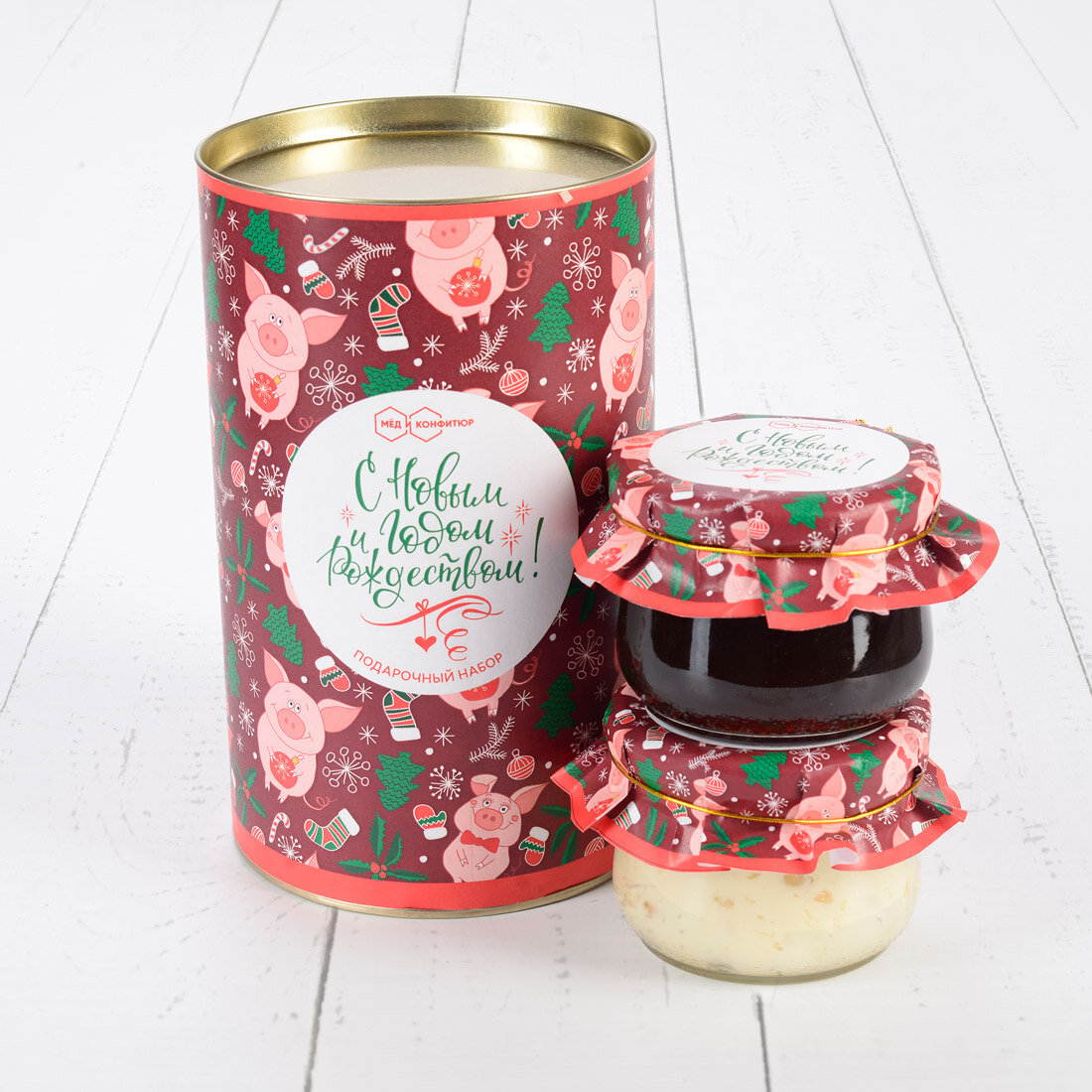Подарочный Набор "Тубус С Новым Годом и Рождеством Новогоднее веселье гречишный и с кедровым орехом мёд"