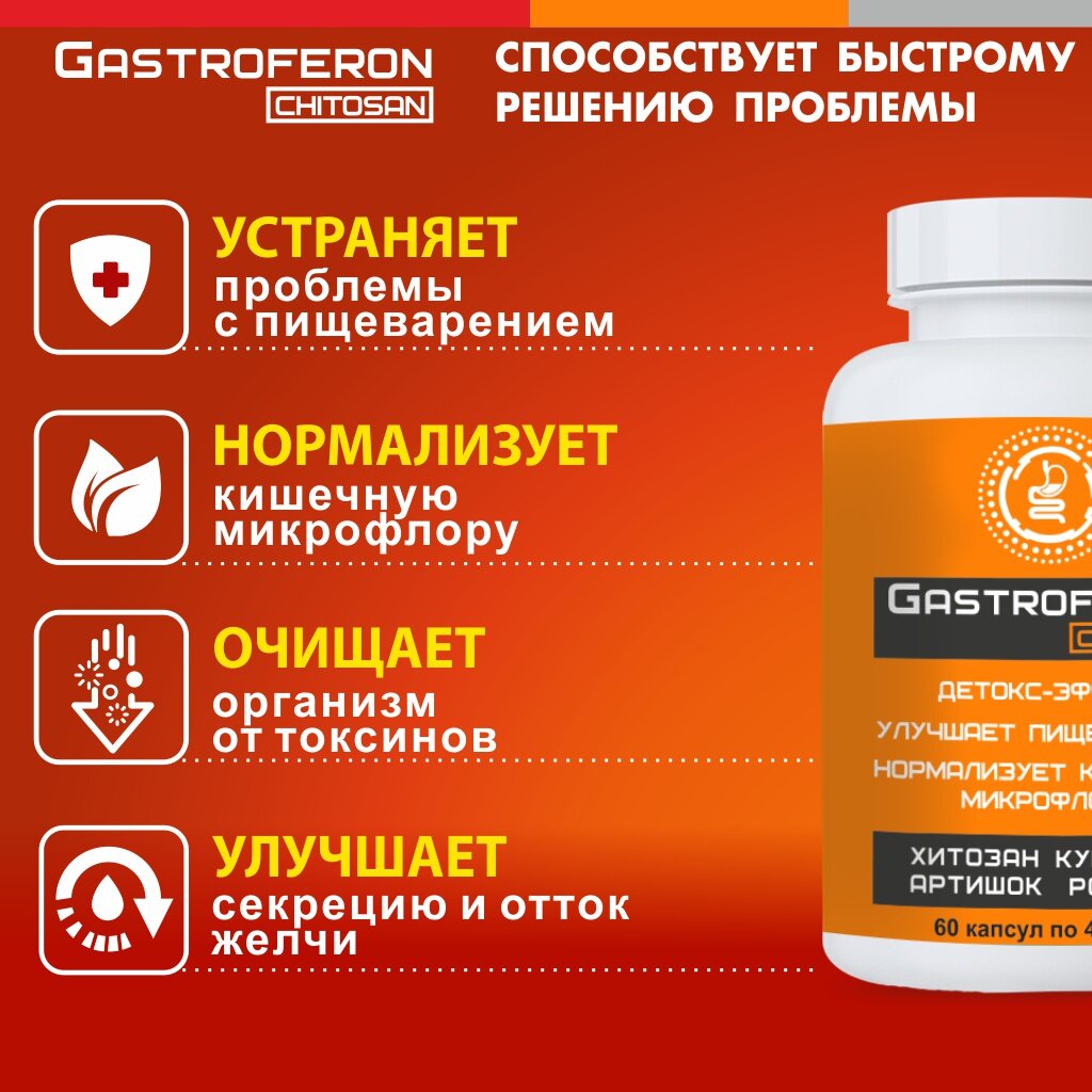 БАД "Гастроферон Хитозан", для ЖКТ, с экстрактами ромашки, артишока, куркумы — фото 1