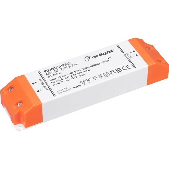 Блок питания Arlight ARV-SP-24060-PFC (24V, 2.5A, 60W) (, IP20 Пластик, 5 лет)